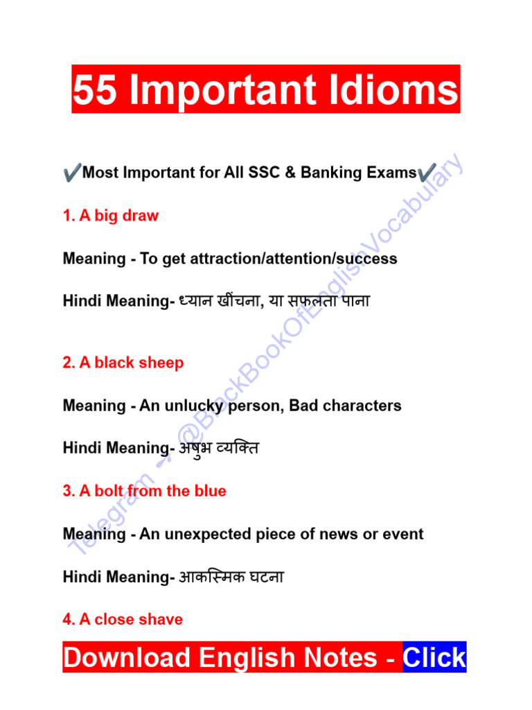 55 Important Idioms For SSC & Banking Exams | PDF