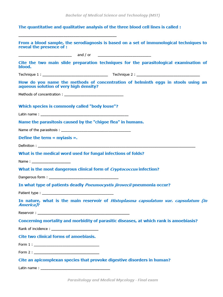 Training For FINAL Exam 2024 s1 - Parasitology and Medical Mycology - N. Papon | PDF ...