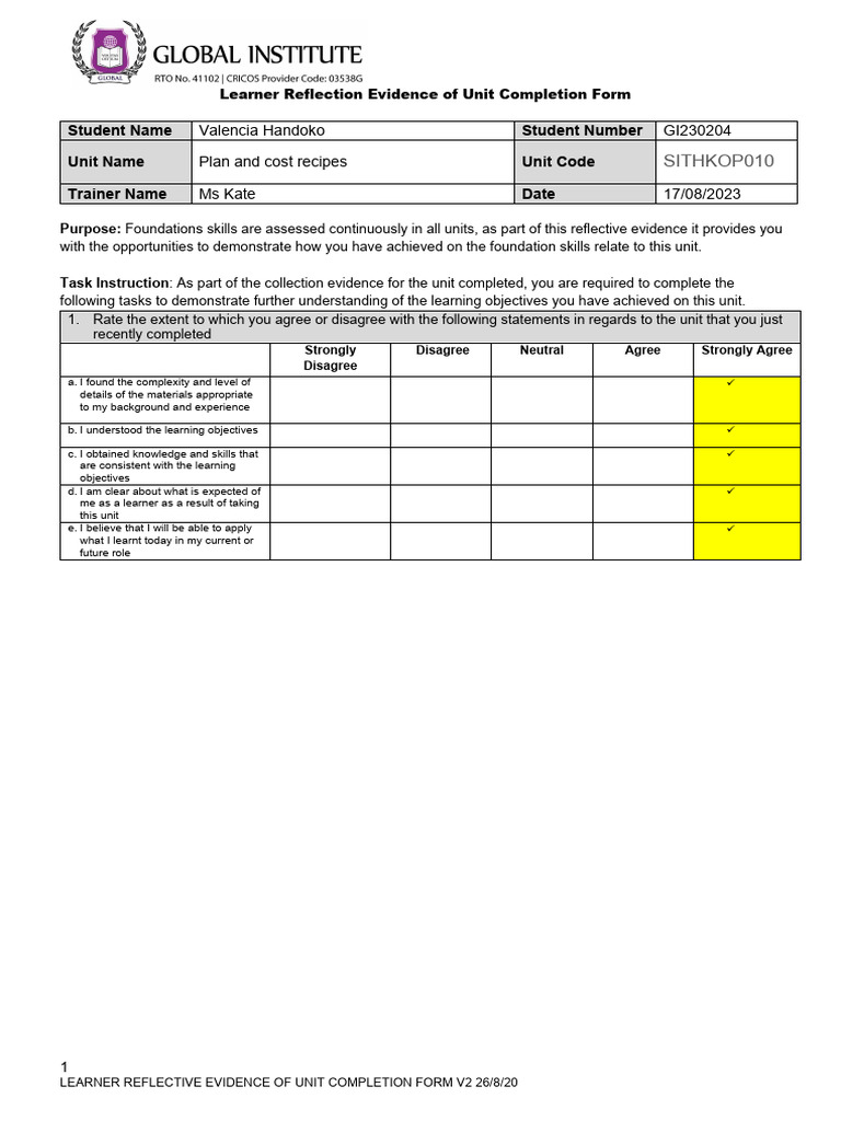 SITHKOP010 Learner Reflection Evidence Form - Plan and cost recipes ...