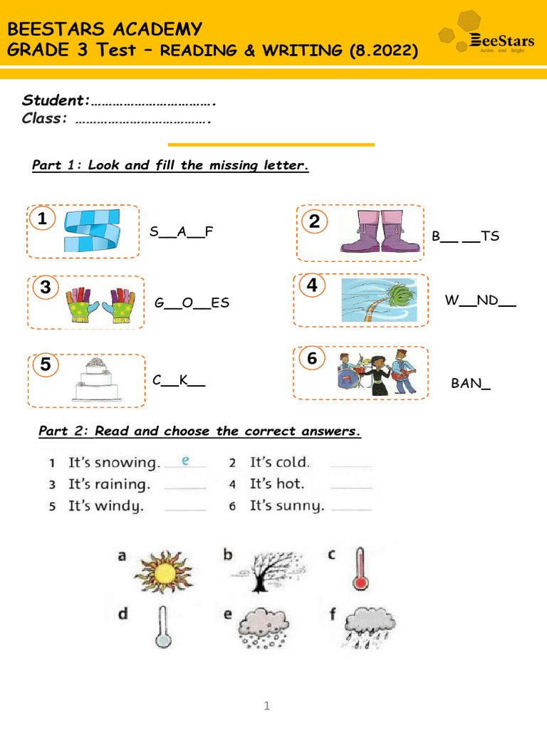 Grade 3 Test - Reading & Writing (08.2022) | PDF