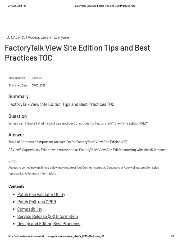 FactoryTalk View Site Edition Tips and Best Practices TOC | PDF