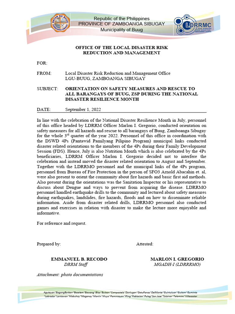 Barangay Disaster Orientation | PDF | Emergency Management | Civil Defense