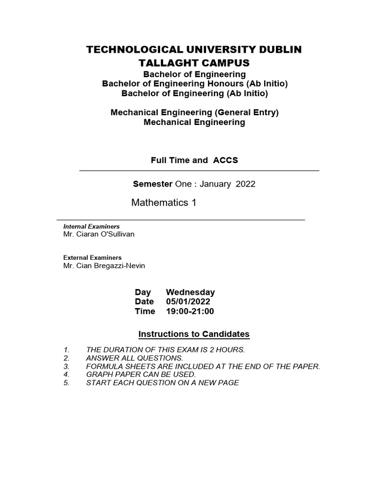 TU Dublin Mechanical Eng Exam | PDF | Complex Number | Elementary ...