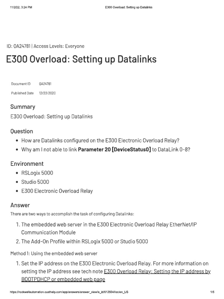 E300 Overload - Setting Up Datalinks | PDF