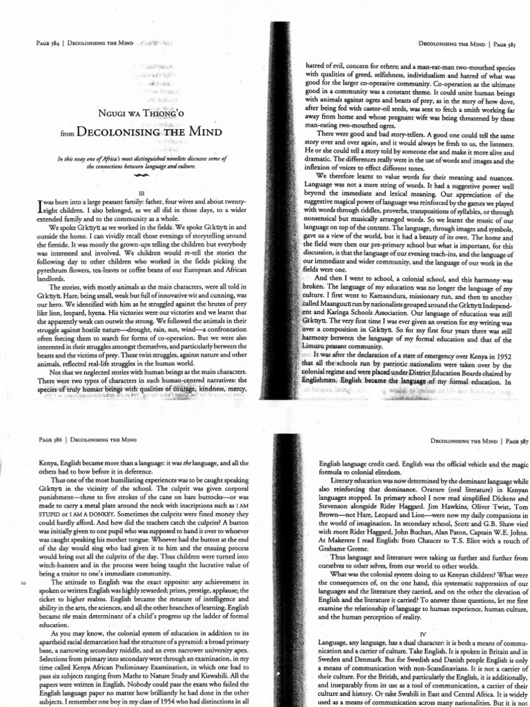 Decolonising The Mind Text | PDF | Communication | Swahili Language