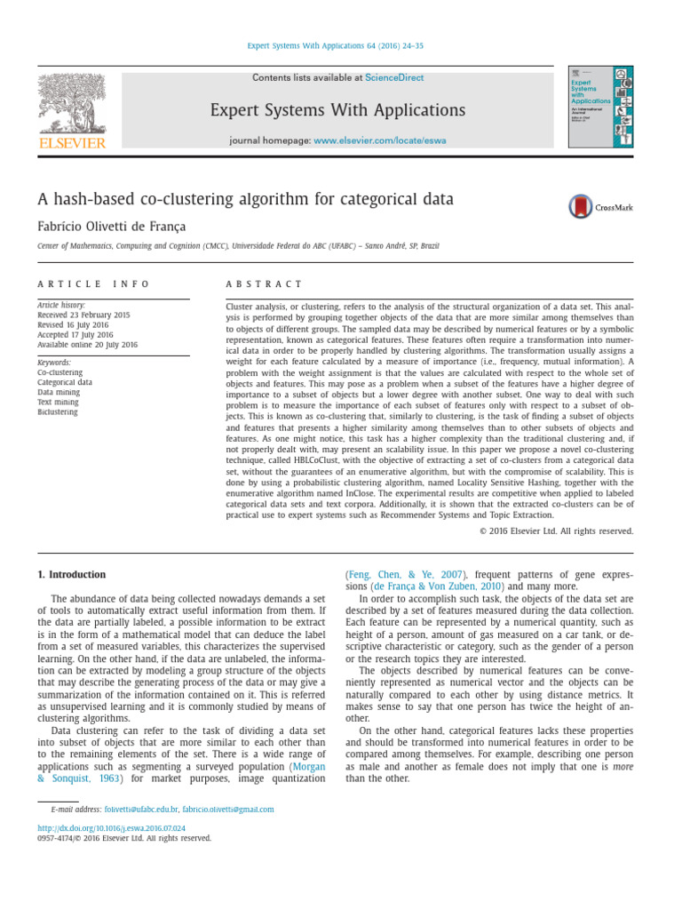 A Hash-Based Co-Clustering Algorithm For Categorical Data | PDF | Cluster Analysis | Applied ...