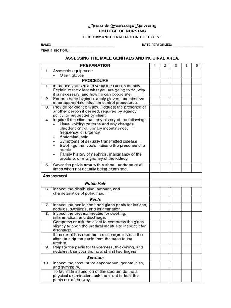 Male Genital Assessment Checklist | PDF | Urinary Incontinence | Urination