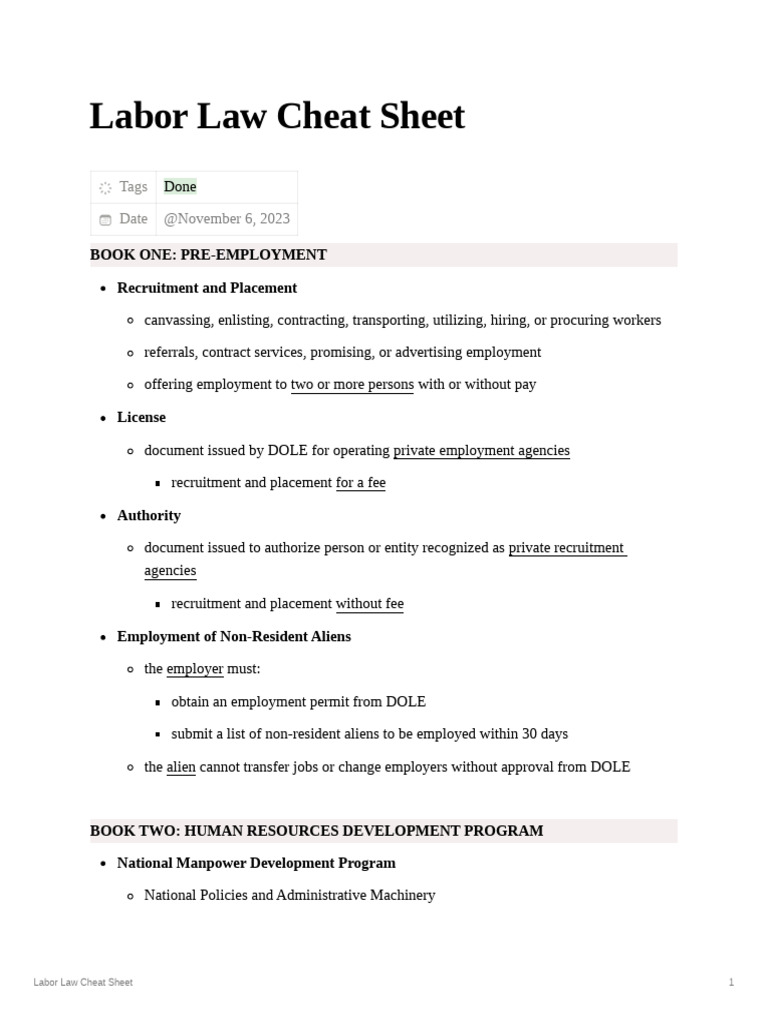 12 Labor Law Cheat Sheet | PDF | Overtime | Employment