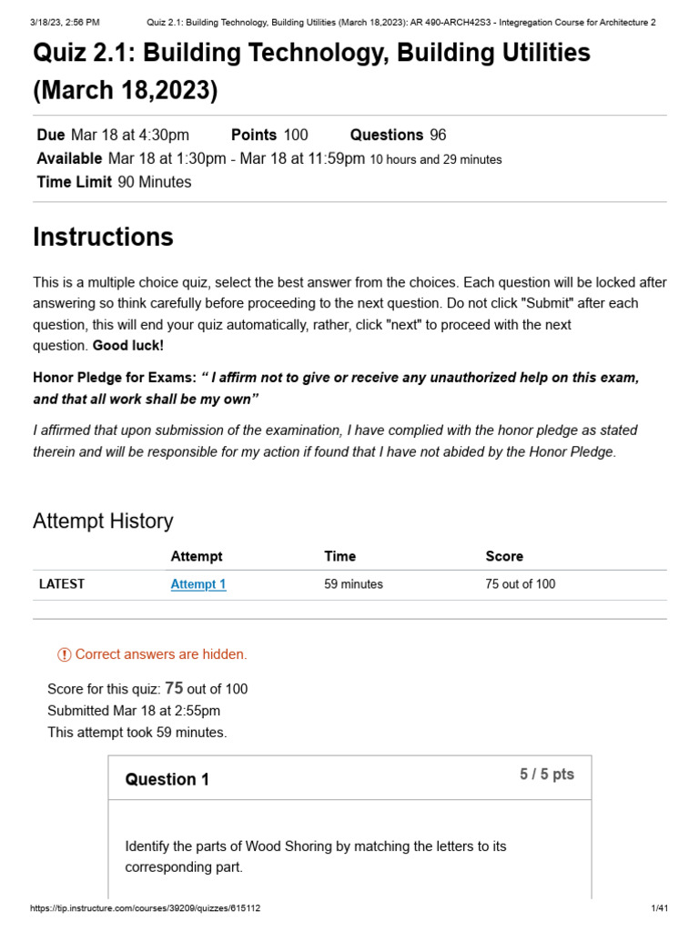 Quiz 2.1 Building Technology Building Utilities March 182023 | PDF ...