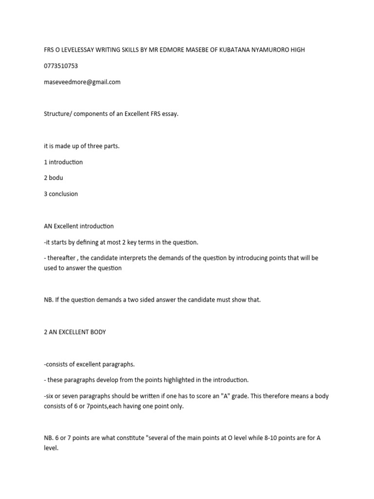 Frs o Level Essay Writing Skills by Gumani Masebe Edmore | PDF | Essays ...