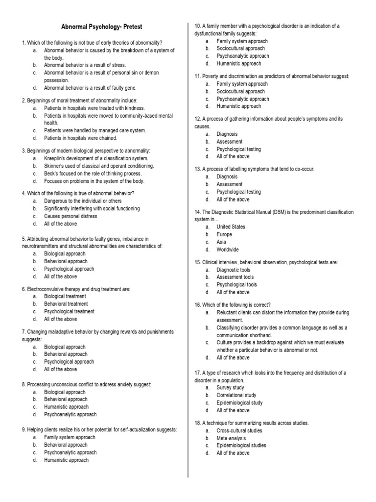 Abnormal Psychology Pretest Questions | PDF | Personality Disorder ...