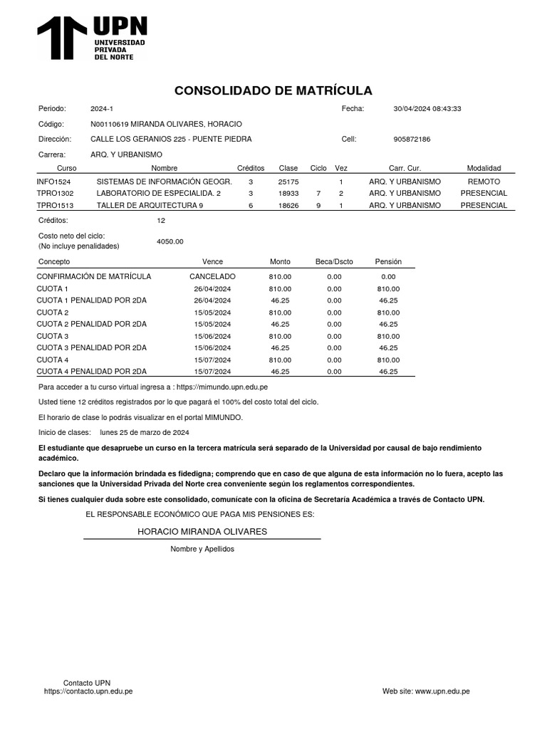 C0nsolidado de Matricula Upn Horacio Miranda | PDF | Regulación ...
