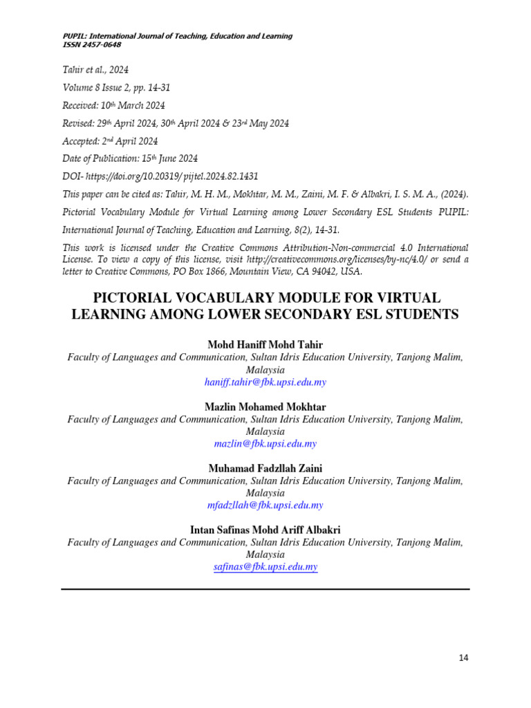 Pictorial Vocabulary Module For Virtual Learning Among Lower Secondary Esl Students | PDF ...
