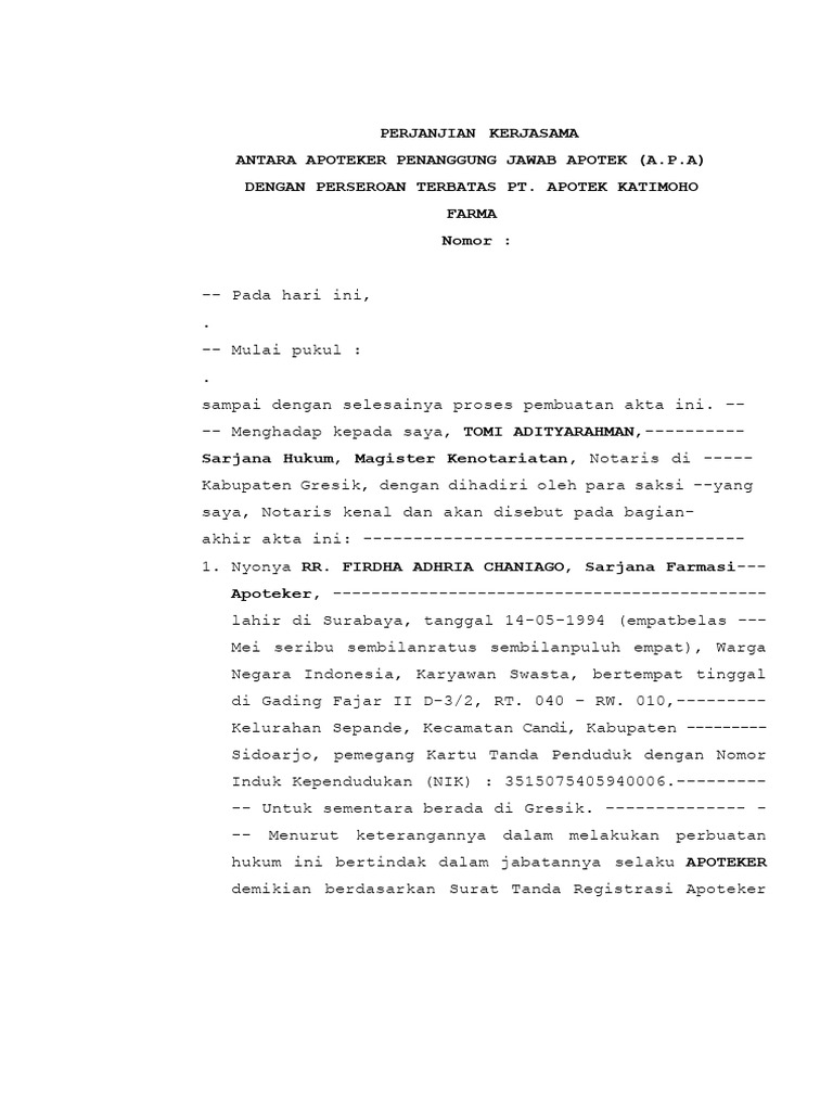 Perjanjian Kerjasama Apotek Katimoho Farma Mnt Pdf