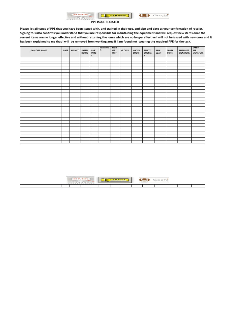 Ppe Issue Register | PDF