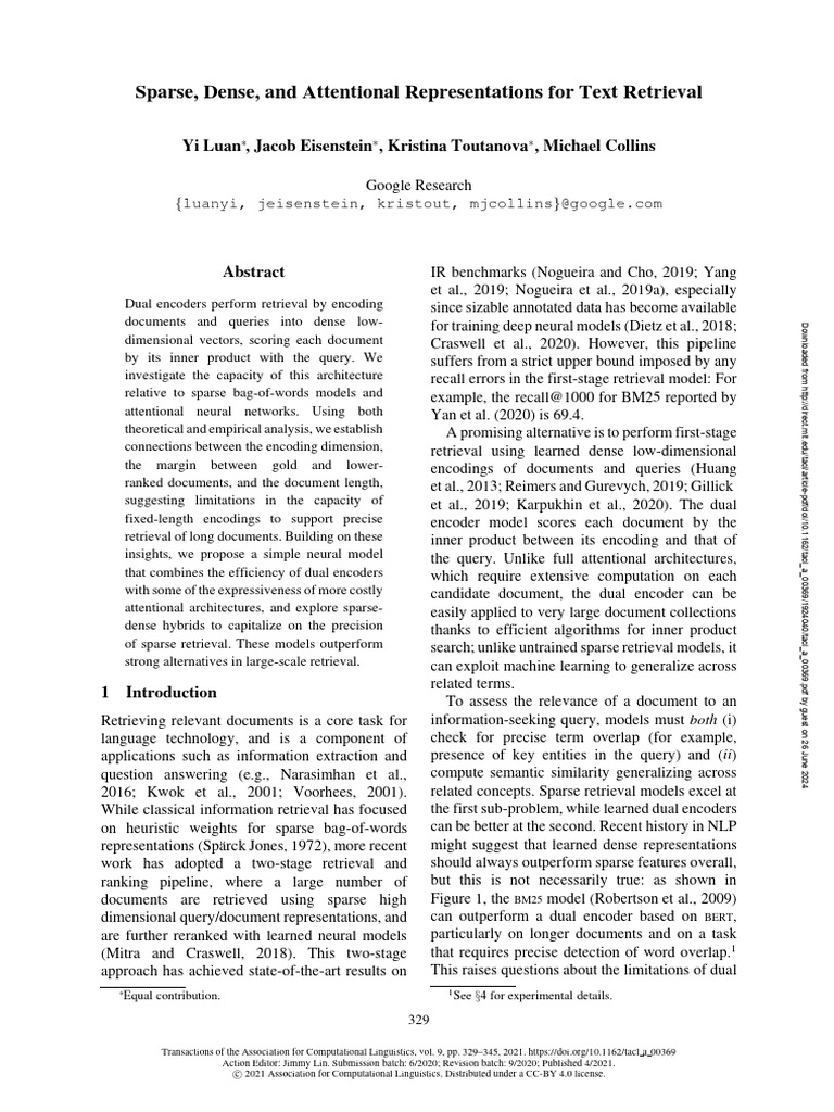 Sparse, Dense, and Attentional Representations For Text Retrieval | PDF | Information Retrieval ...