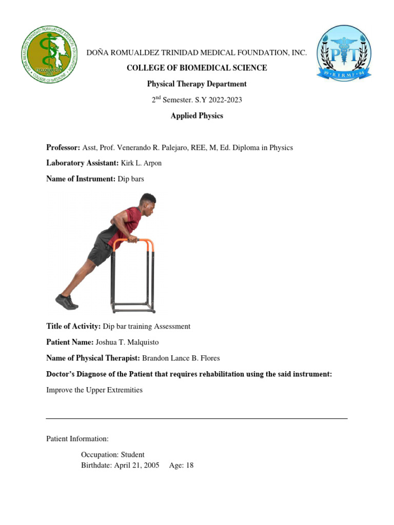 Dip Bar Training Assessment Guide | PDF | Physical Therapy ...