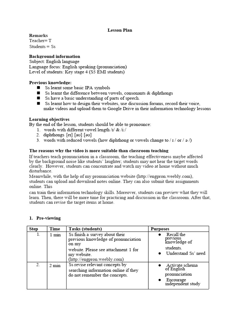 Pronunciation Lesson Plan for Key Stage 4 | PDF | English Language | Vowel