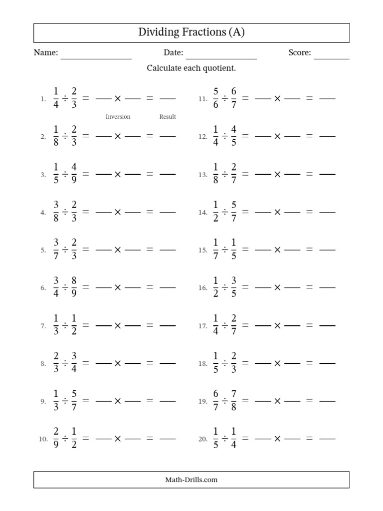 Dividing Fractions Practice Worksheet | PDF | Arithmetic | Mathematics