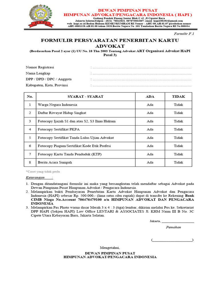 Formulir Persyaratan Penerbitan Kartu Advokat: Dewan Pimpinan Pusat ...