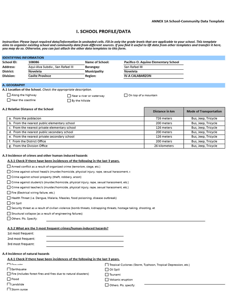 SIP Annex 1A - School-Community Data Templ | PDF | Natural Disasters ...