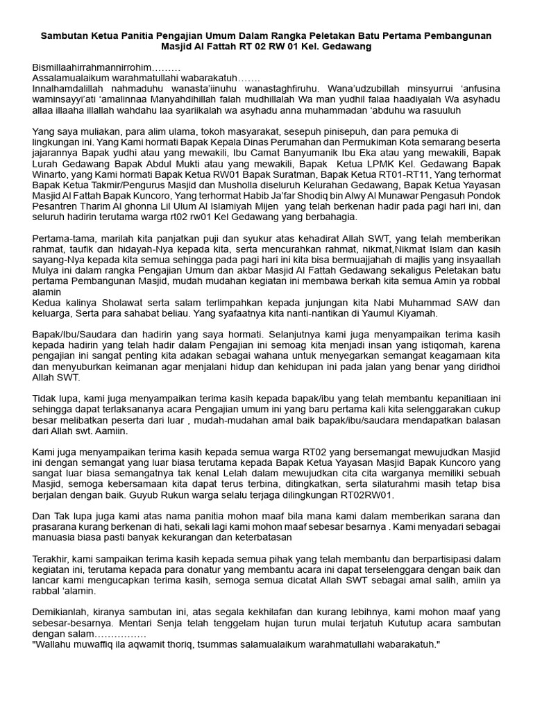 Sambutan Ketua Panitia Pengajian Umum Dalam Rangka Peletakan Batu ... Sambutan Ketua Panitia Pengajian Umum Dalam Rangka Peletakan Batu ...