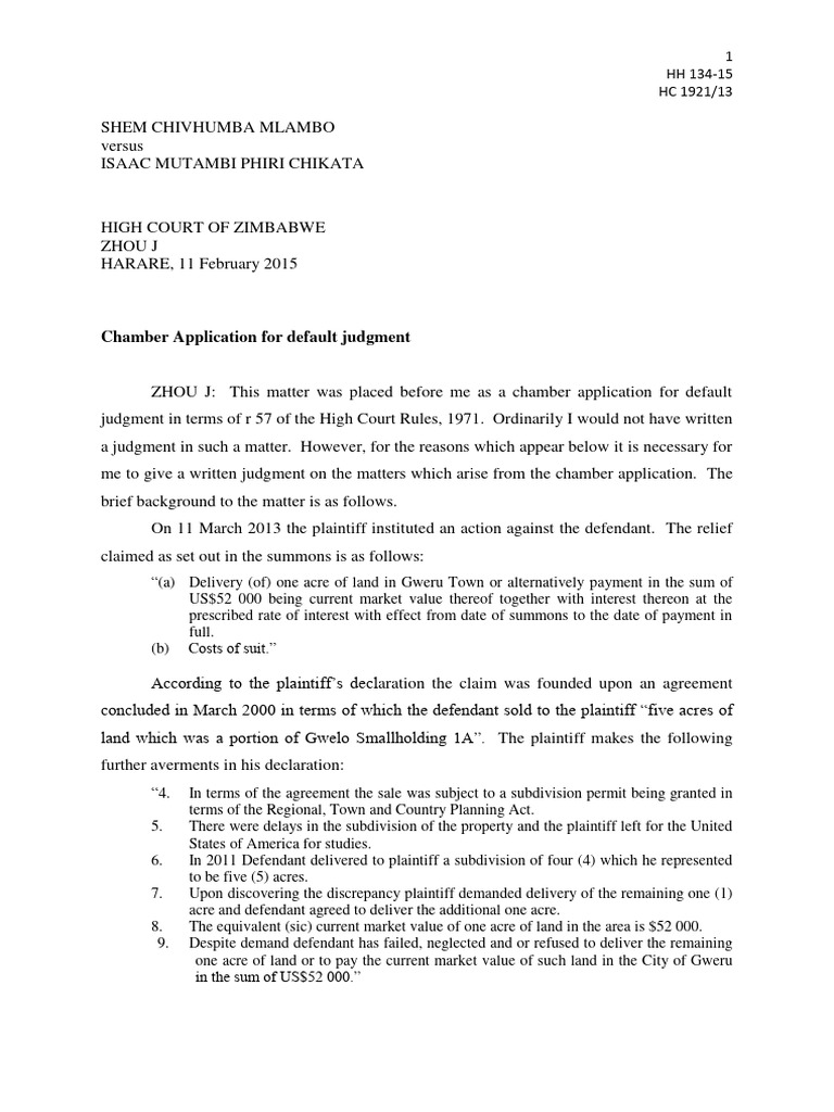 Mlambo V Chikata | PDF | Judgment (Law) | Summons