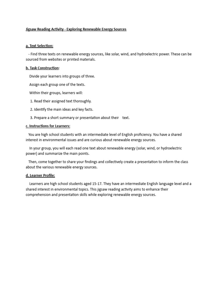 Jigsaw Reading Activity - Exploring Renewable Energy Sources | PDF