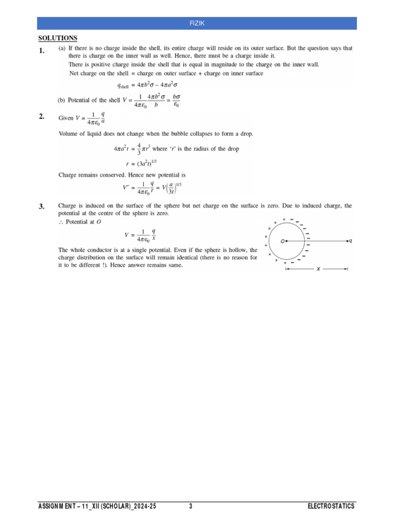 Solutions - Assignment - 11 - Xii (Scholar) - Physics - Electrostatics - 2024-25 | PDF