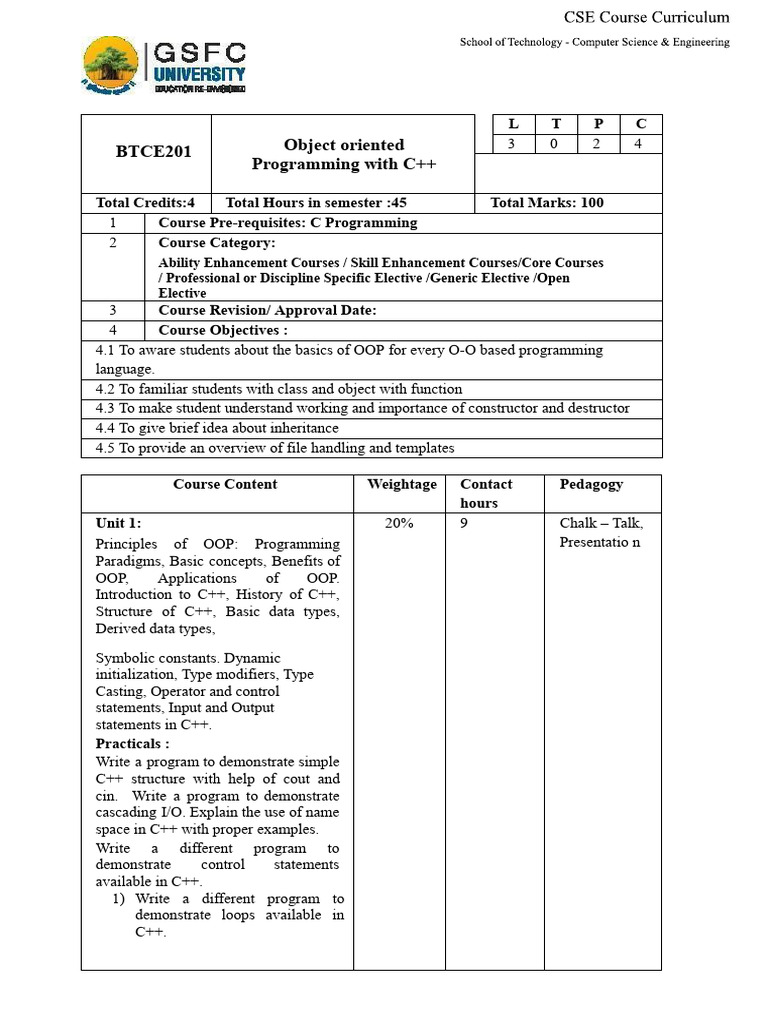 Syllabus of Object Oriented Programming With C++ - BTCS201 | PDF | C++ | Software Engineering