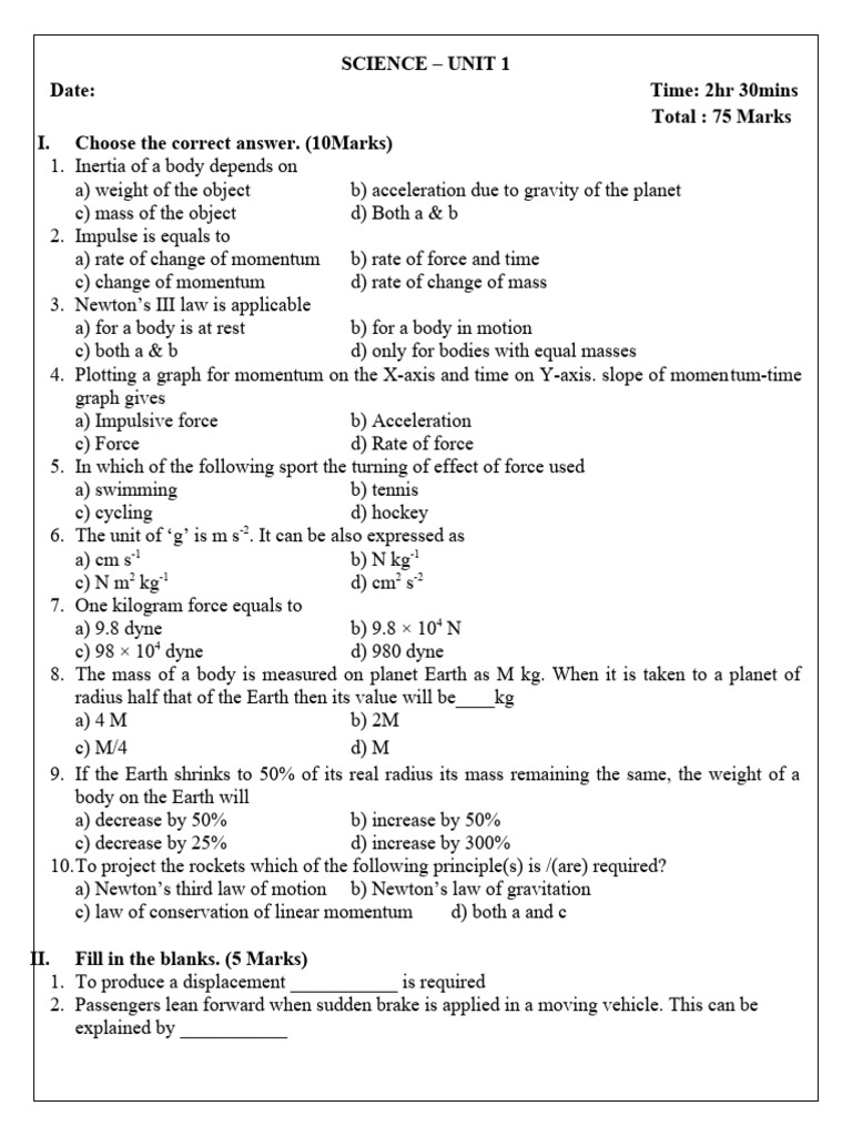 10th Science Unit 1 | PDF | Force | Weight