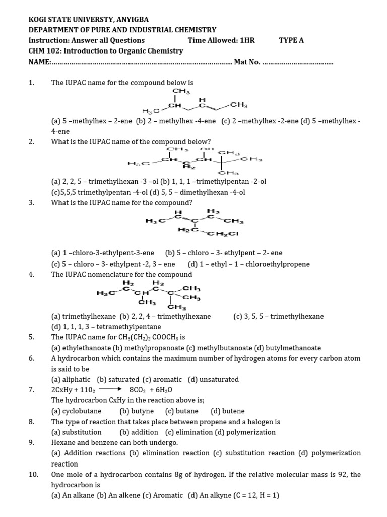 CHM 102 Type A | PDF | Isomer | Organic Chemistry
