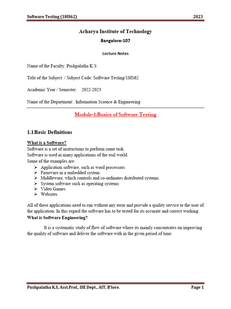 Module1 - Basics of Software Testing - Lecture Notes | PDF | Software ... Module1 - Basics of Software Testing - Lecture Notes | PDF | Software ...