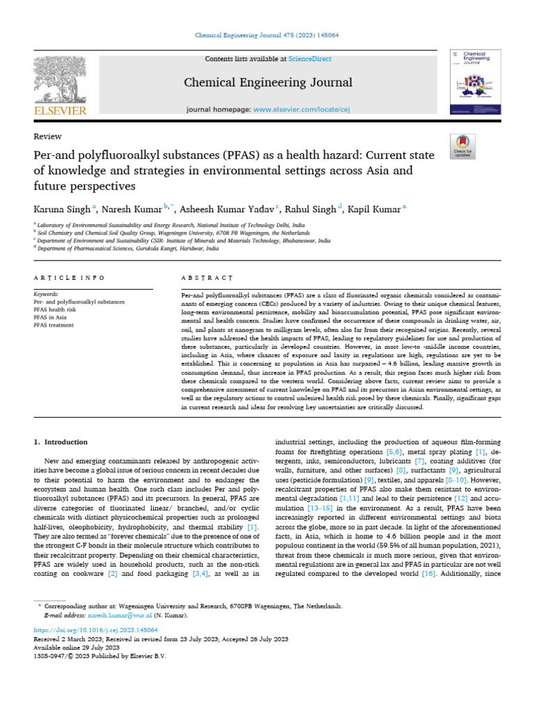 Chemical Engineering Journal: Karuna Singh, Naresh Kumar, Asheesh Kumar Yadav, Rahul Singh ...
