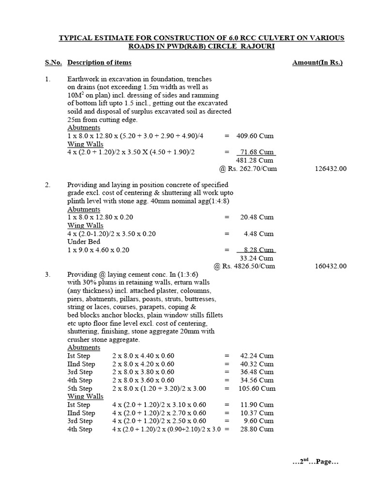 6.0 RCC Culvert Typical Estimate | PDF | Structural Engineering | Civil Engineering