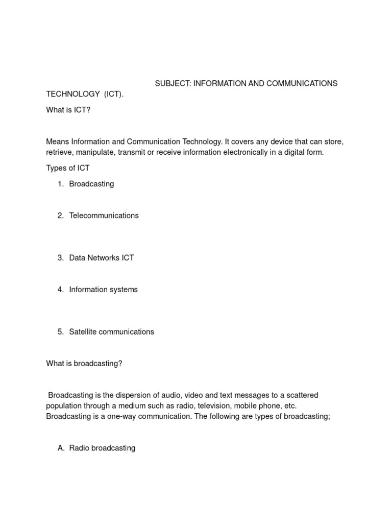 ICT Note For SS 1 For Seven Weeks | PDF | Broadcasting | Telecommunications