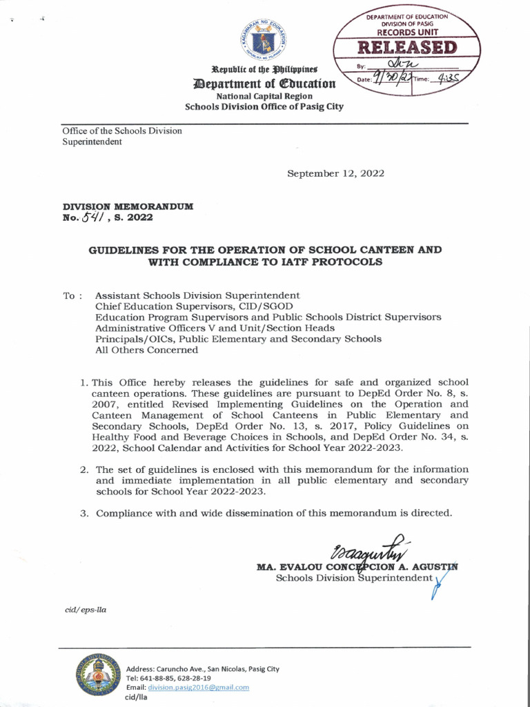 DM No.541 S.2022 Guidelines For The Operation of School Canteen and ...