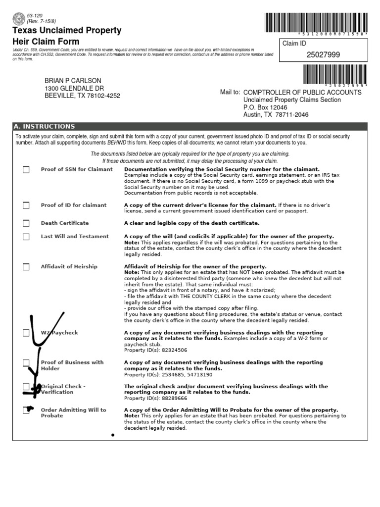 Texas Unclaimed Property Heir Claim Form | PDF | Probate | Affidavit