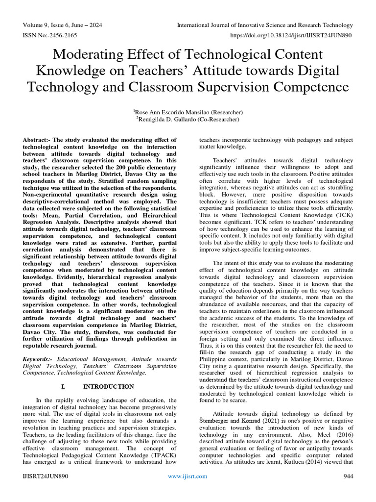 Moderating Effect of Technological Content Knowledge On Teachers ...