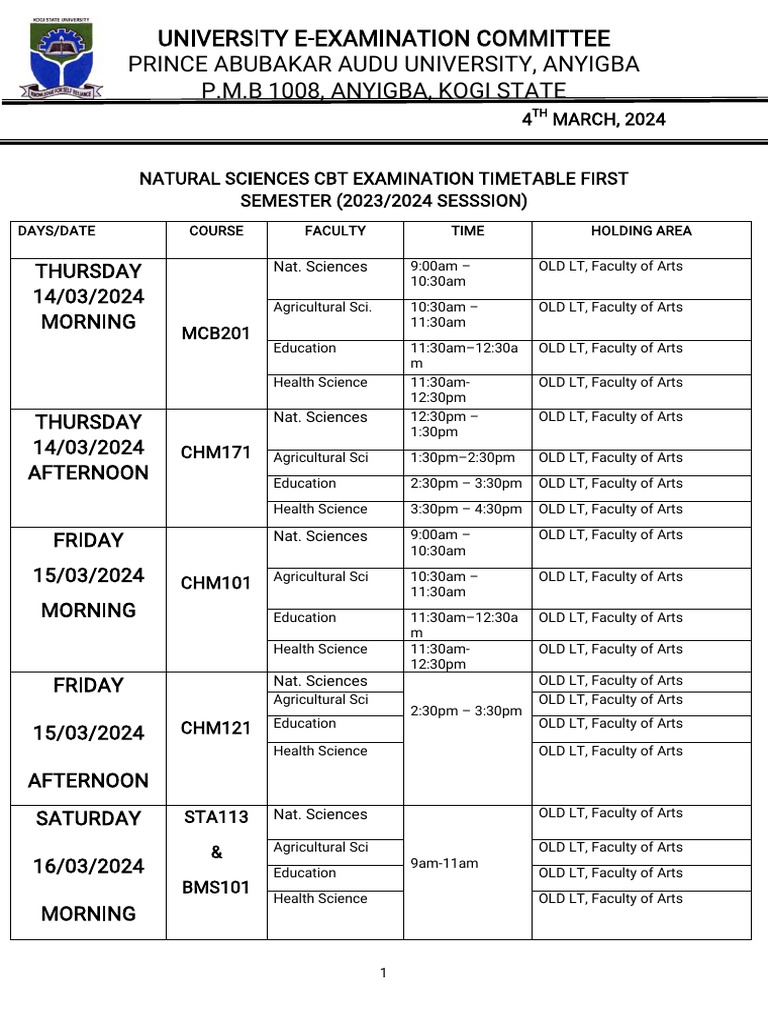 2024 NAT. SCI 1ST SEM TIME TABLE_034908 | PDF