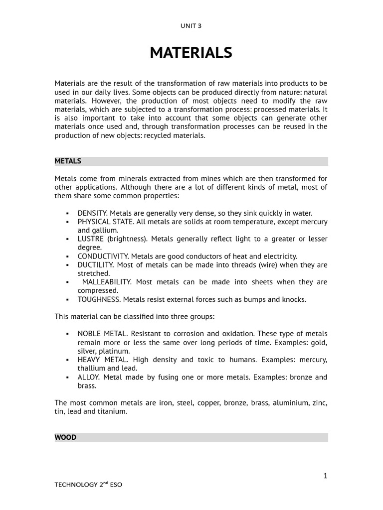 2ESO UNIT3 Materials | PDF | Metals | Wood
