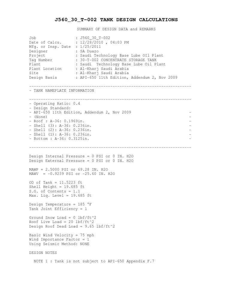 30-T-002 Concentrate Storage Tanks Design Calculations | PDF | Pipe ...