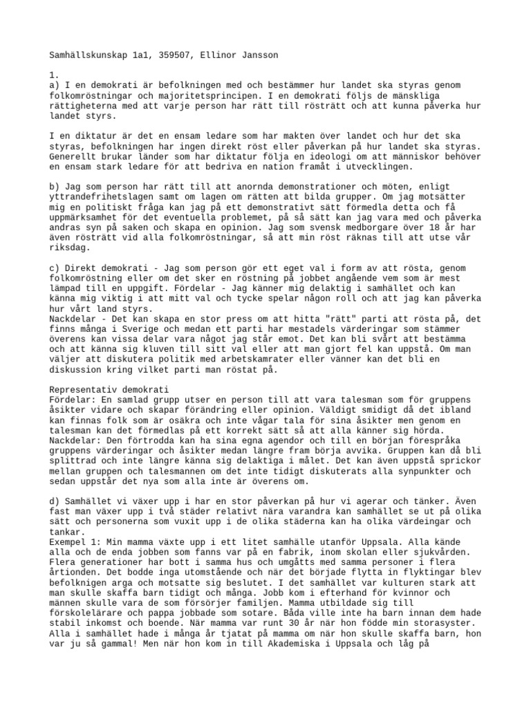 Samhällskunskap 1a1, Ellinor Jansson | PDF