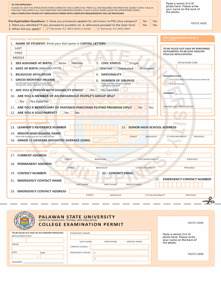 PSU College Freshman Admission Form-External Campus | PDF