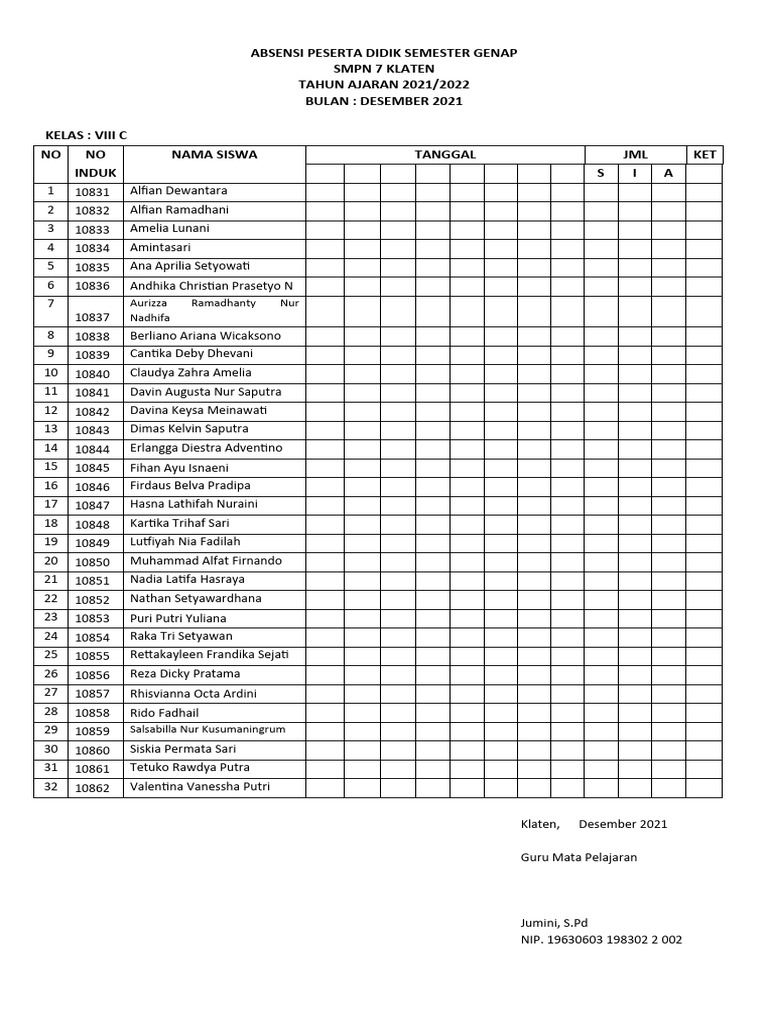 Absensi Peserta Didik Semester Genap | PDF