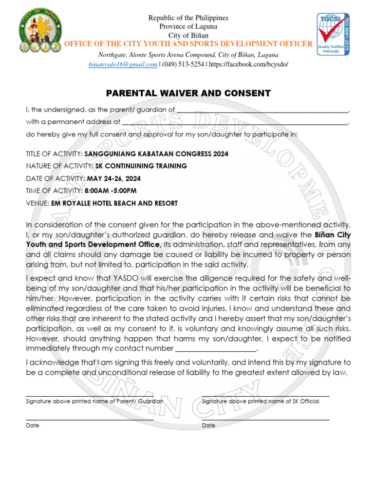 SK Congress 2024 Parental Consent Form | PDF | Consent | Common Law