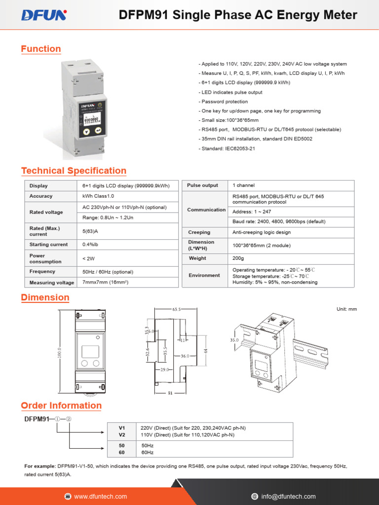 DFUN DFPM91 Single Phase AC Energy Meter | PDF | Electric Power ...