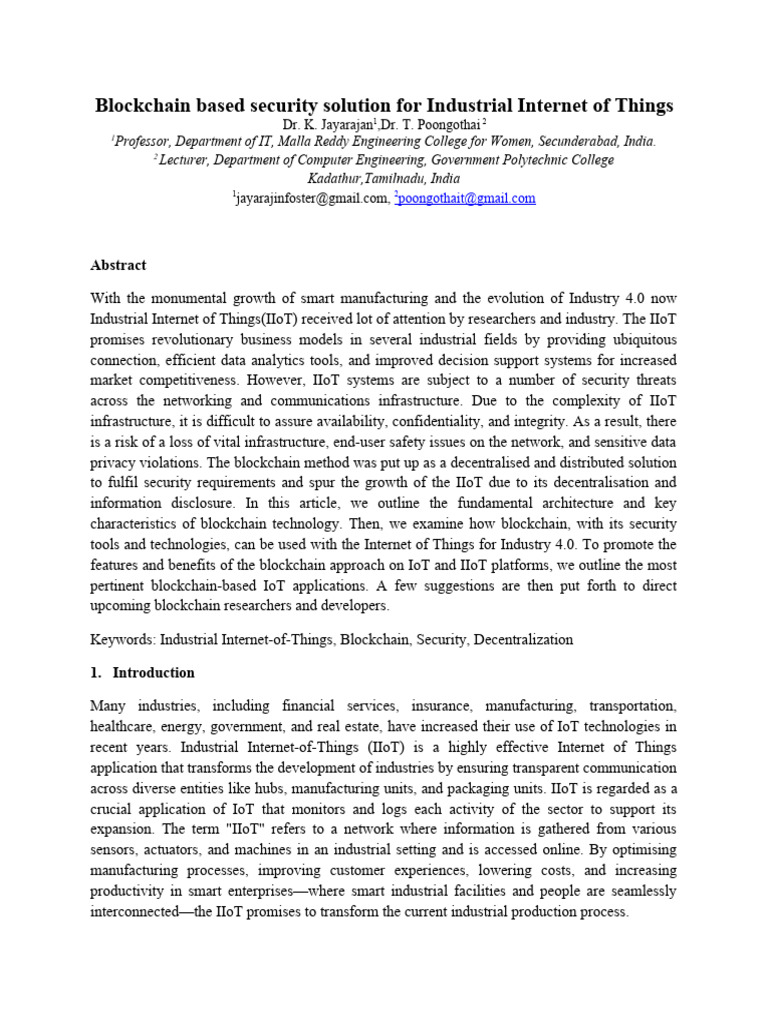 Blockchain Based Security Solution For Industrial Internet of Things - Final | PDF | Internet Of ...
