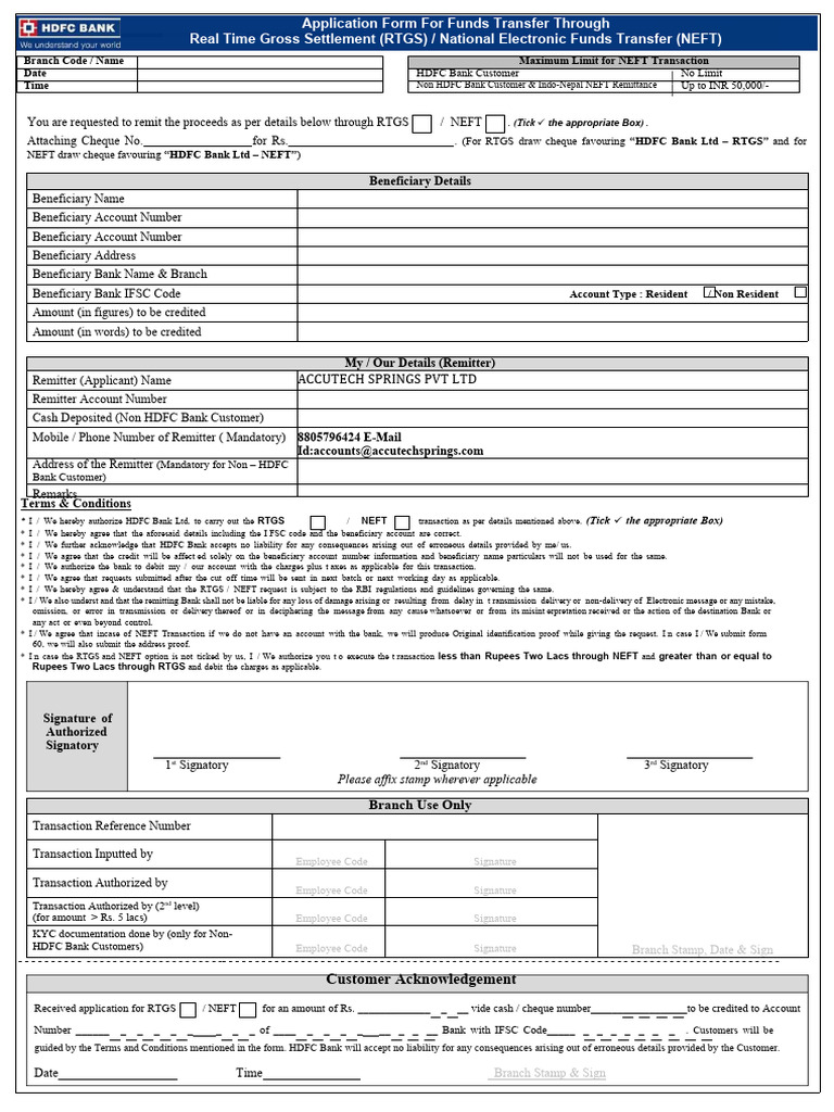 HDFC RTGS/NEFT Funds Transfer Form | PDF | Personal Finance | Banking