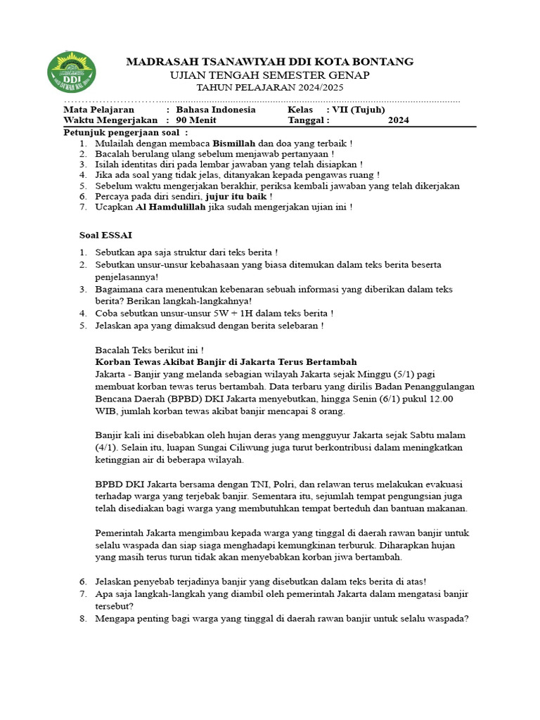 Soal Essai Kelas 7 2024 Bhs Indo | PDF